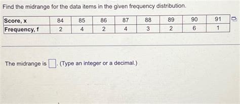 solved find the midrange for the data items in the given