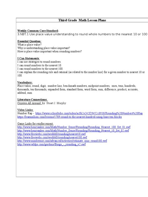 Third Grade Math Lesson Plans Download Free Pdf Rounding Lesson Plan