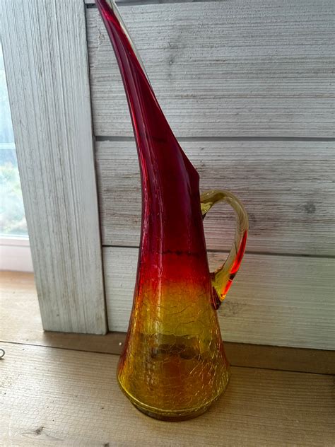 Vintage Amberina Crackle Glass Pitcher Kanawha Etsy