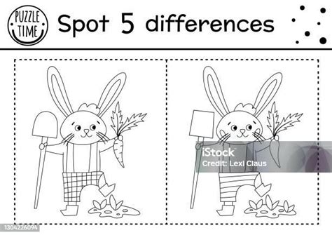 부활절은 아이들을위한 차이 게임을 찾을 수 있습니다 스페이드와 당근 재미있는 토끼와 휴일 흑백 교육 활동과 색칠 페이지 귀여운 캐릭터와 봄 정원 인쇄 워크 시트 원예에 대한