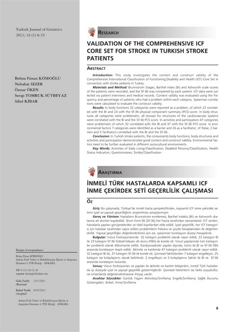 Pdf Validation Of The Comprehensive Icf Core Set For Stroke In Turkish Stroke Patients