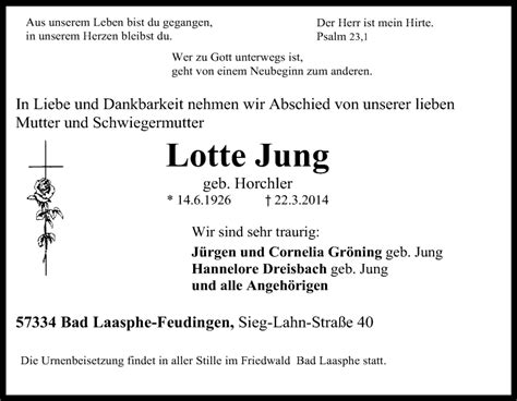 Traueranzeigen Von Lotte Jung Trauer In Nrw De