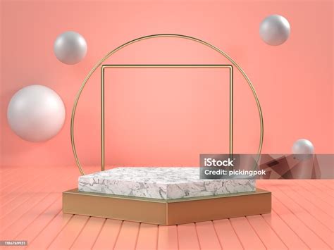 화장품 브랜딩 또는 다른 제품에 대한 밝은 분홍색 바닥에 흰색 대리석 제품 연단 배경의 3d 렌더링 이미지 0명에 대한 스톡 사진 및 기타 이미지 Istock
