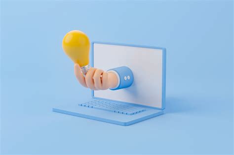 배경에 컴퓨터 노트북과 전구를 들고 손 최소한의 디자인 창의적인 아이디어와 혁신의 개념 3d 렌더링 그림 3차원 형태에 대한 스톡 사진 및 기타 이미지 Istock