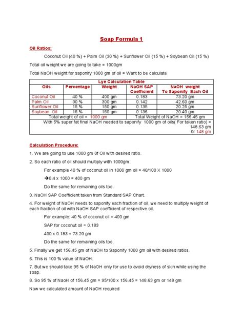 Soap Formula 1 Lye Calculation Pdf Sodium Hydroxide Chemical