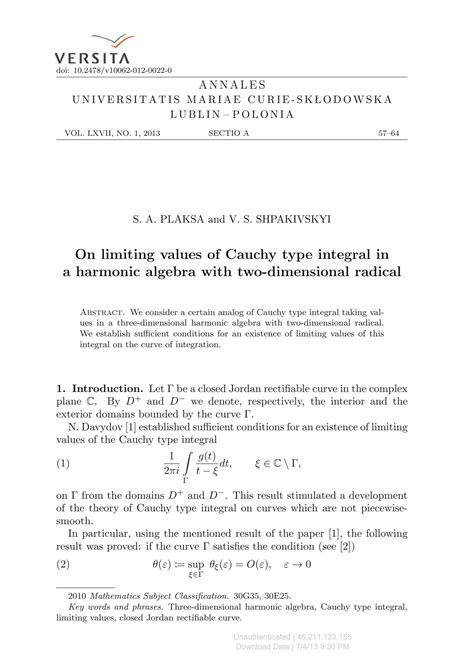 SOLUTION On Limiting Values Of Cauchy Type Integral In A Harmonic Algebra With Two Dimensional