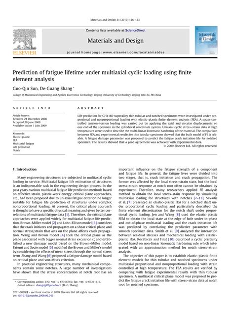 Pdf Prediction Of Fatigue Lifetime Under Multiaxial Cyclic Loading