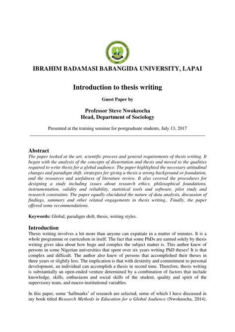 PDF Introduction To Thesis Writing