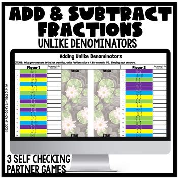 Add And Subtract Unlike Denominators Fractions Digital Partner Game