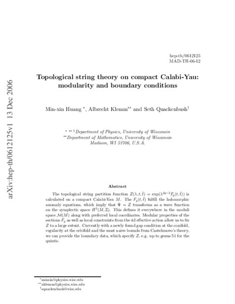 Pdf Topological String Theory On Compact Calabiyau Modularity And Boundary Conditions