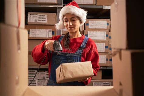 Manager Scanning Barcode On Delivery Parcel Female Worker Scan Barcode Of Cardboard Packages