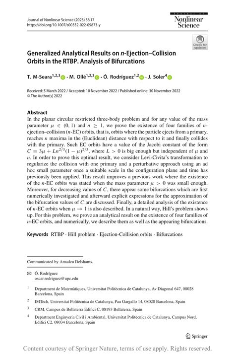 Pdf Generalized Analytical Results On N Ejectioncollision Orbits In The Rtbp Analysis Of