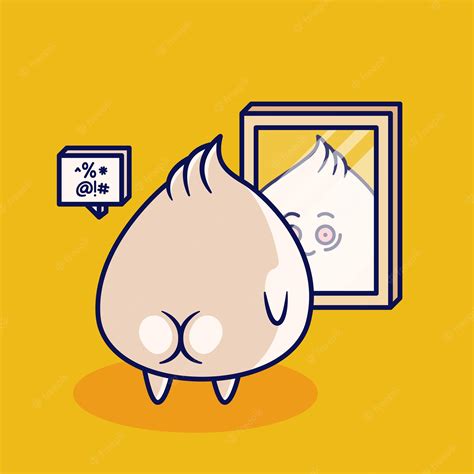 거울 그림을 보고 있는 귀여운 만화 좌절 딤섬 프리미엄 벡터