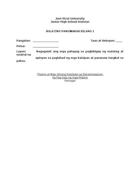 Sulating Pangwakas Bilang I Pdf