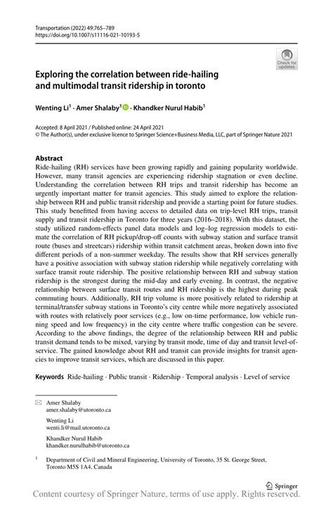 Exploring The Correlation Between Ride Hailing And Multimodal Transit Ridership In Toronto
