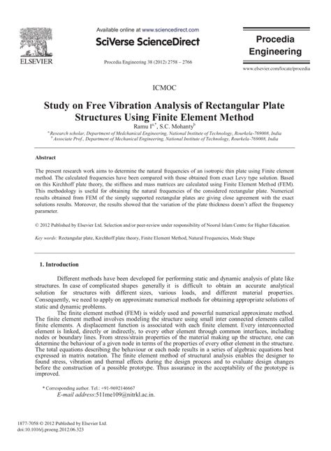 PDF Study On Free Vibration Analysis Of Rectangular Plate Structures Using Finite Element Method