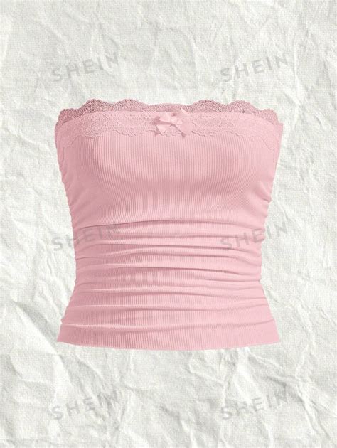 Shein Ezwear Plus Lace Trim Ruched Side Crop Tube Top Shein Usa