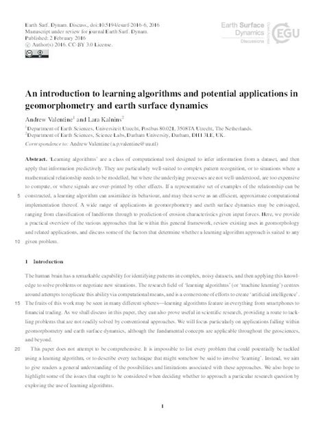 An Introduction To Learning Algorithms And Potential Applications In Geomorphometry And Earth