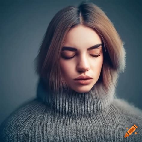 Young Woman Wearing A Fur Turtleneck Sweater With Closed Eyes On Craiyon