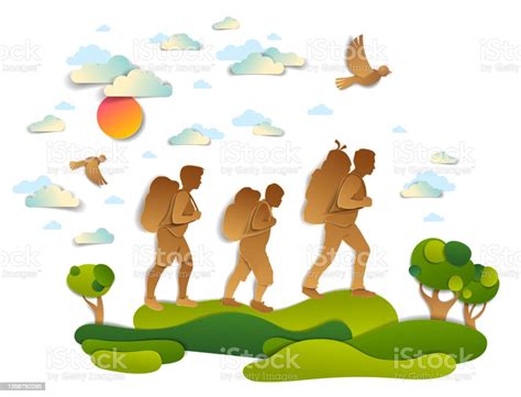 여름 하늘에 나무와 새가있는 초원과 들판을 통해 행복한 활동적인 가족 하이킹 아버지 어머니와 아들 등산객은 자연의 여름 휴일 벡터 일러스트에서 자유의 시간을 갖는 종이접기에