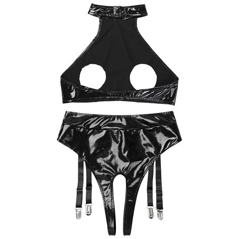 Burning Lust Vinyl Lingerie Set With Garters Shiny Fashion Lale Look