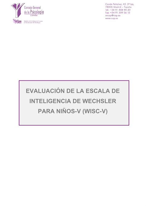 PDF EVALUACIÓN DE LA ESCALA DE INTELIGENCIA DE WECHSLER Manual