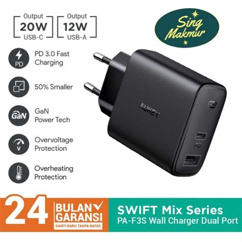 Charger Aukey Pa F3s Swift Mix 32w Pd Dual Port Usb Type A And C Shopee