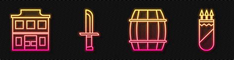 세트 라인 나무 배럴 와일드 웨스트 살롱 군사 칼과 화살떨림 빛나는 네온 아이콘 벡터 문에 대한 스톡 벡터 아트 및 기타 이미지 Istock