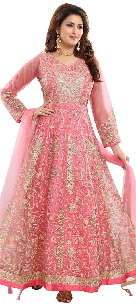 Engagement Mehendi Sangeet Wedding Pink And Majenta Color Net Fabric