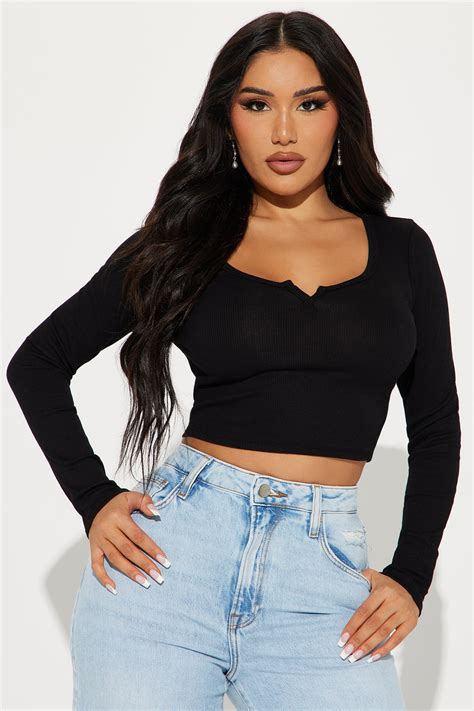 Agnus Long Sleeve Crop Top Black Fashion Nova
