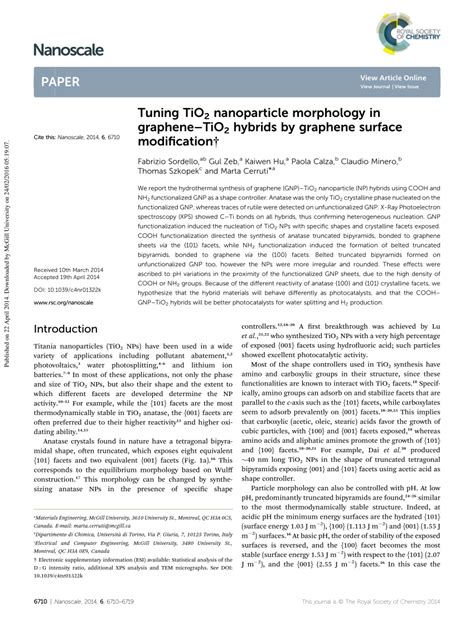 Pdf Tuning Tio2 Nanoparticle Morphology In Graphene Tio2 Hybrids By Graphene Surface Modification