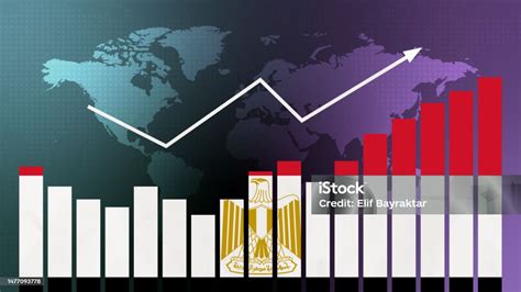 기복이 있는 이집트 막대 차트 그래프 가치 상승 경제 회복 및 비즈니스 개선의 개념 기업 재개 정치 갈등 깃발이 있는 전쟁 개념