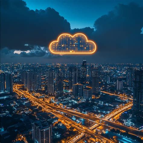 A Glowing Digital Cloud Icon Hovers Over A Modern Cityscape At Night