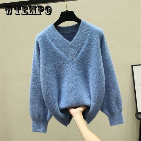 Купити Весняний і осінній V подібний гриф Норковий флісовий светр жіночий пуловер Вільний