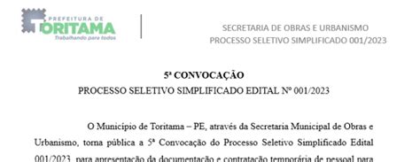PROCESSO SELETIVO SIMPLIFICADO EDITAL Nº 001 2023 Prefeitura de Toritama