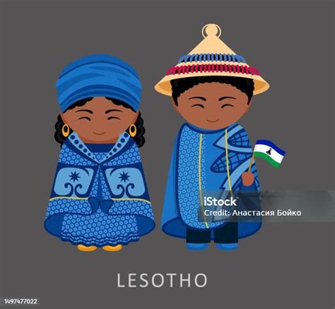 바소토 담요 민족 의상을 입은 여자와 남자 레소토 커플 전통 민족 의상을 입은 만화 캐릭터 플랫 벡터 그림입니다 가족에 대한