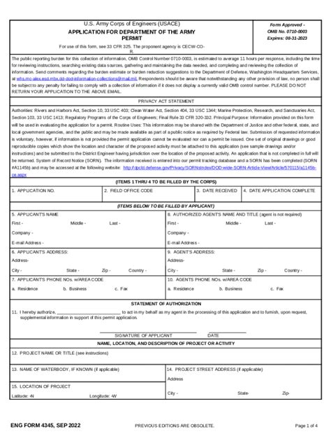 4345 Application For A Department Of The Army Permit Doc Template