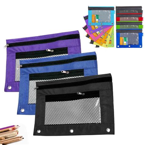 3 Pack Pencil Pouch 3 Ring Zipper Pencil Pouches Case Binder Cosmetic