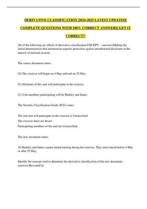 Derivative Classification Latest Updated Complete Questions With 100 Correct Answers Get It