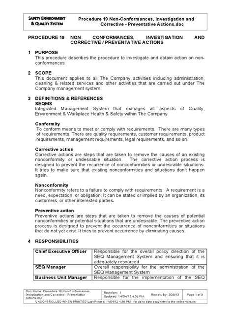 Procedure 19 Non Conformances Investigation And Corrective