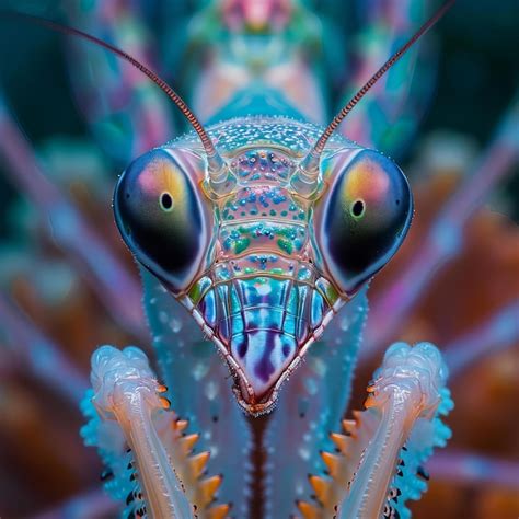 Macro Photo Of Head And Face Of Orchid Mantis With Iridescent Patterns