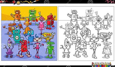 Comic Robots Or Droids Characters Group Coloring Page Stock