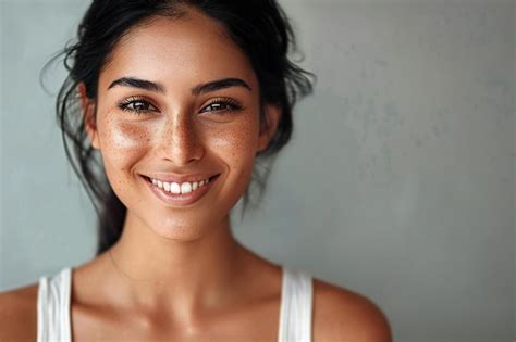 Portrait Of A Smiling Beautiful Young Middle Eastern Woman With Black Hair And Brown Eyes