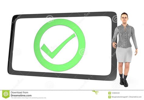 D Character Women And Tick Mark Sign Bounded By A Circle Inside A Curved Edge Black Border