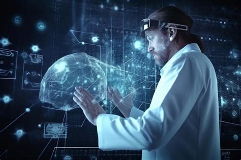 Premium Photo A Man In A Lab Coat Holds A Brain In Front Of A Screen