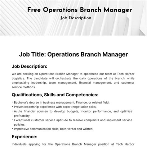 Free Operations Branch Manager Job Description Template To Edit Online