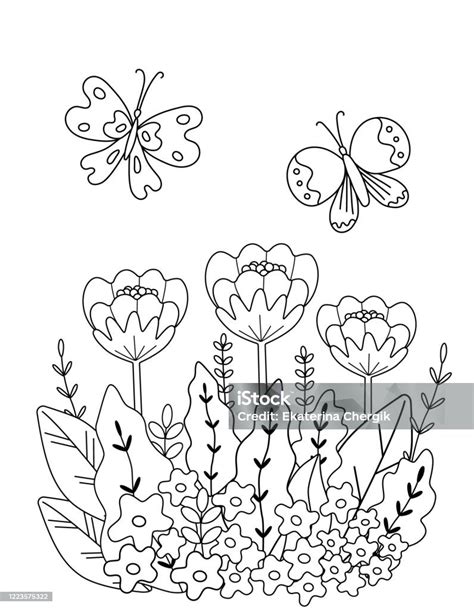 간단한 모양의 꽃과 나비와 아이들의 색칠 공부 책 작은 아이들을위한 귀여운 원시 그림 나비에 대한 스톡 벡터 아트 및 기타