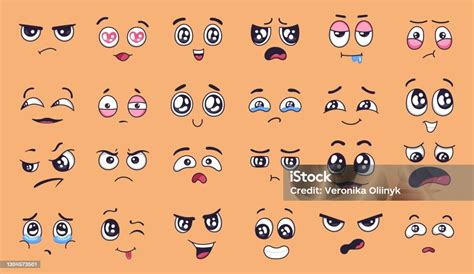 귀여운 만화 얼굴 얼굴 표정 행복하고 슬픈 분위기 웃고 입을 미소 짓고 눈물을 흘리는 눈 다른 기분 벡터 세트 긍정적이고 부정적인 감정 기이함에 대한 스톡 벡터 아트 및