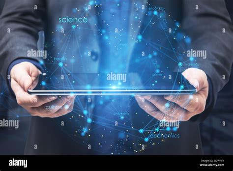 Cyberspace Network And Big Data Visualization Concept With Digital Tablet In Man Hands And
