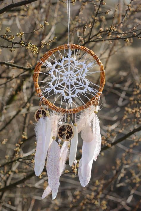 Handmade Dream Catcher With White Doily On Background Of Branches Stock